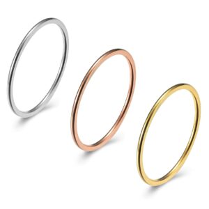 ifuaqz 3pcs 1mm stainless steel plain band knuckle stacking midi rings for women comfort fit, dome ring, silver+gold+rose size 5