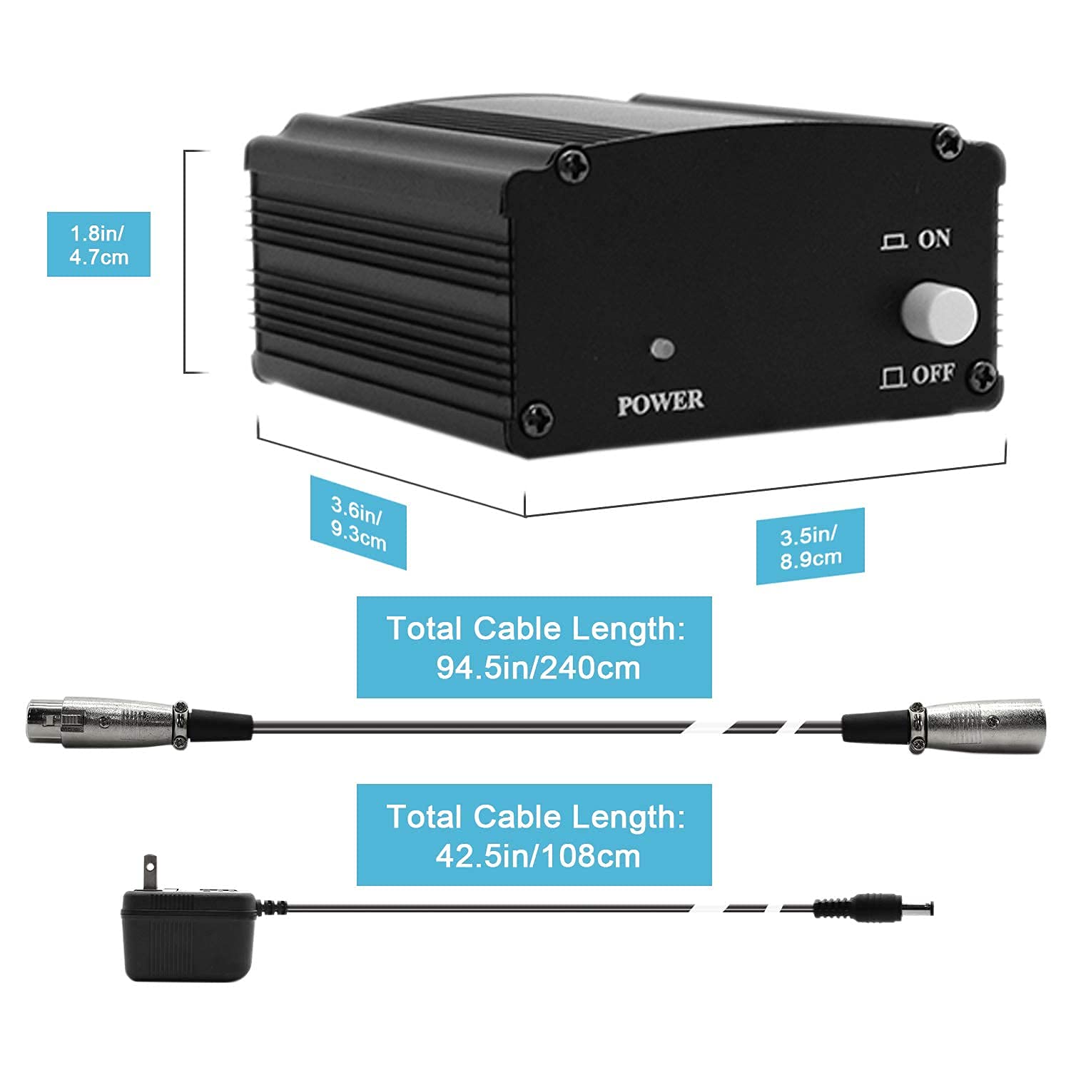 Fotoconic 1-Channel 48V Phantom Power Supply with Adapter, Bonus+XLR 3 Pin Microphone Cable for Any Condenser Microphone Music Recording Equipment