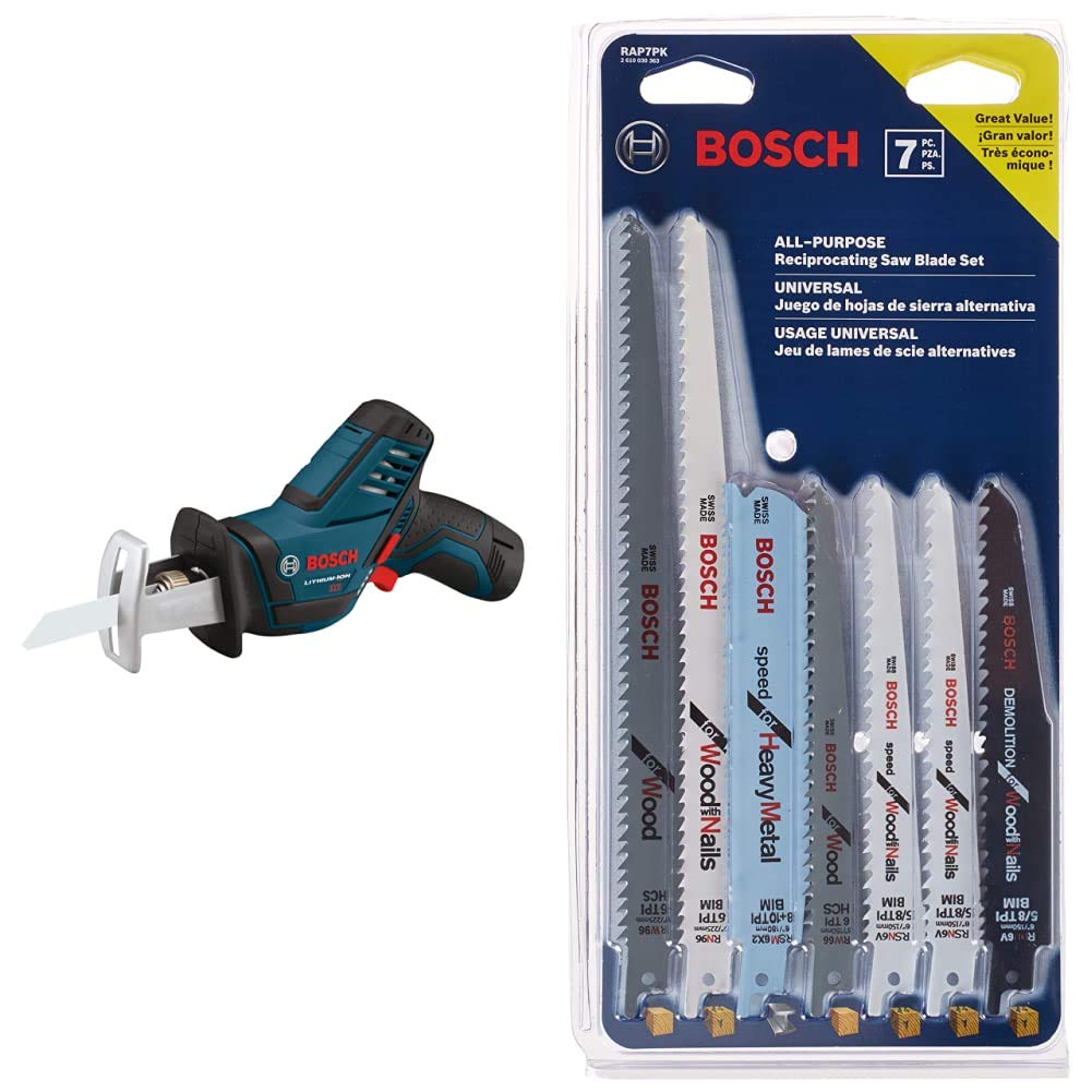 BOSCH 12-Volt Max Pocket Reciprocating Saw Kit PS60-102, Blue with Bosch RAP7PK 7-Piece Reciprocating Saw Blade Set