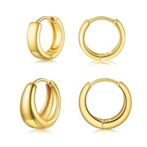 2 pairs 14k gold filled huggie hoop earrings set small gold hoop earrings hypoallergenic dainty tiny cartilage earrings minimal chunky cuff earrings for women (gold hoop)