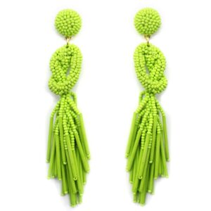 handmade beaded solid color post statement earrings for women all season 4 inch long (light green)