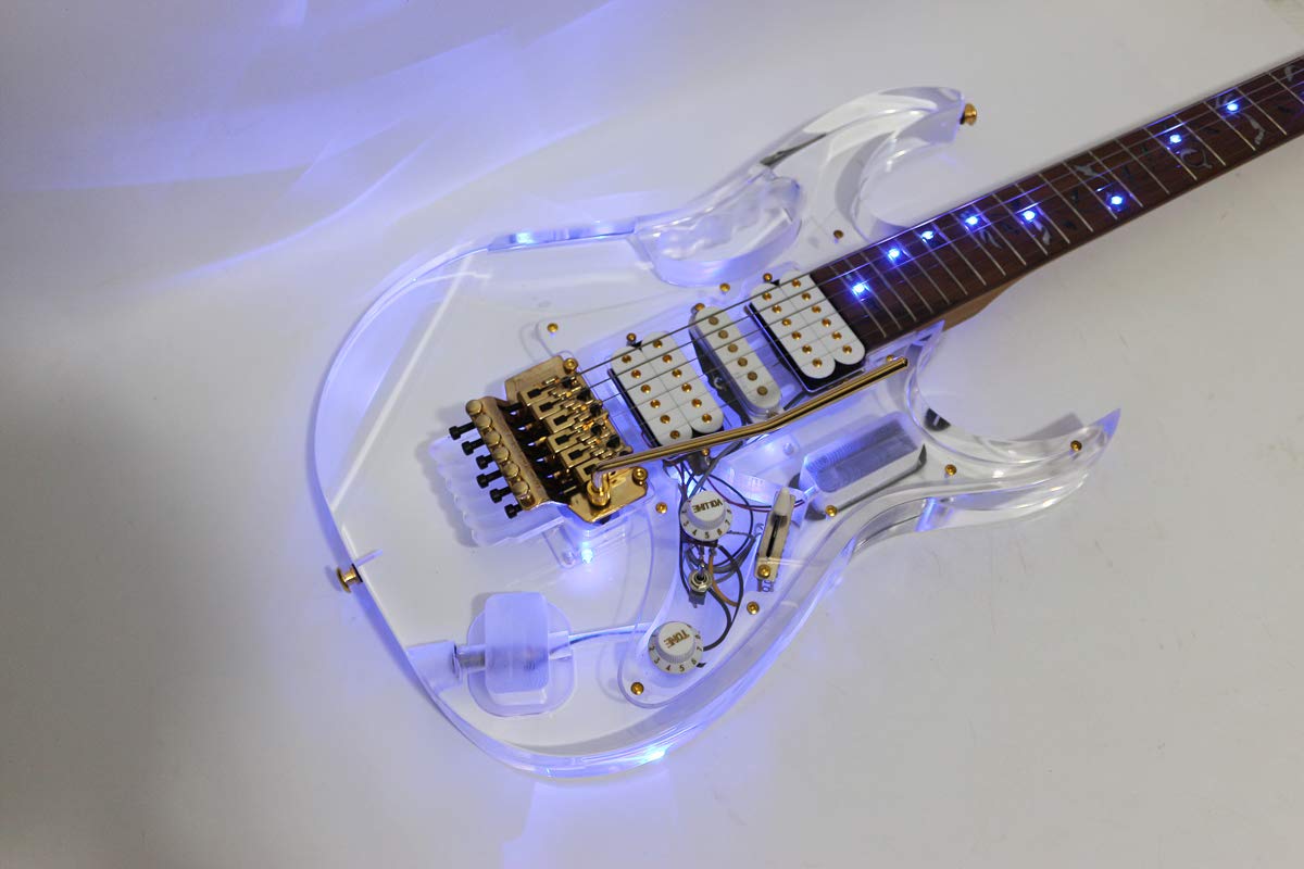 LED Light Electric guitar Crystal Guitar Body Maple Rosewood Vine Inlay Blue Color