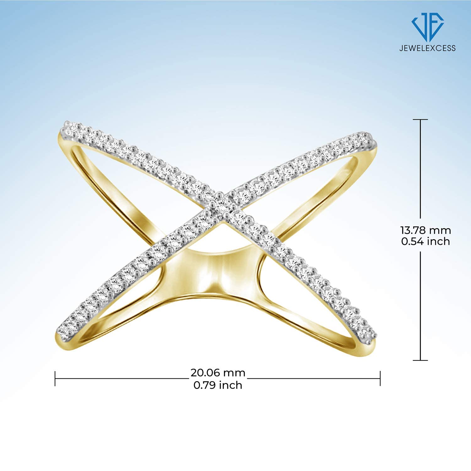 JEWELEXCESS 14K Gold over Silver Criss Cross Ring – 1/7 Carat White Diamond Ring with 14K Gold over Silver X Ring – Real Diamond Criss Cross Ring with Hypoallergenic Gold Plating Ring Band