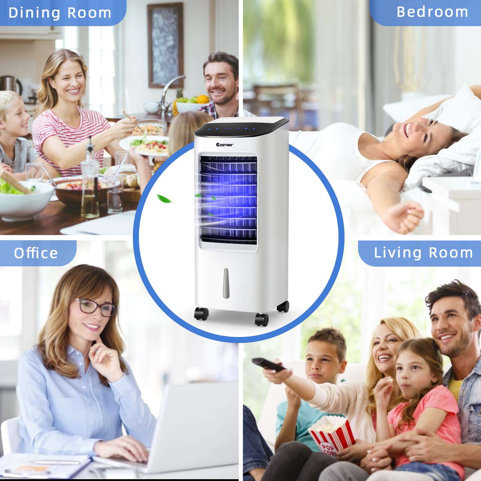 COSTWAY Evaporative Cooler, Portable Cooling Fan with Remote Control, 3-Mode, 3-Speed and 7.5H Timer Function, Include Ice Crystal Boxes, Casters and Water Tank, Bladeless Cooler for Home Office