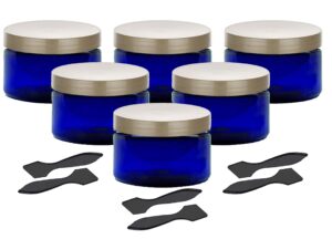 grand parfums 6 cobalt blue low profile 4 oz jars pet plastic empty cosmetic containers with black spatulas, smooth champagne gold plastic caps, for essential oil sugar scrub, body cream