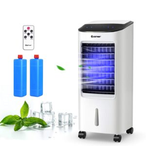 costway evaporative cooler, portable cooling fan with remote control, 3-mode, 3-speed and 7.5h timer function, include ice crystal boxes, casters and water tank, bladeless cooler for home office