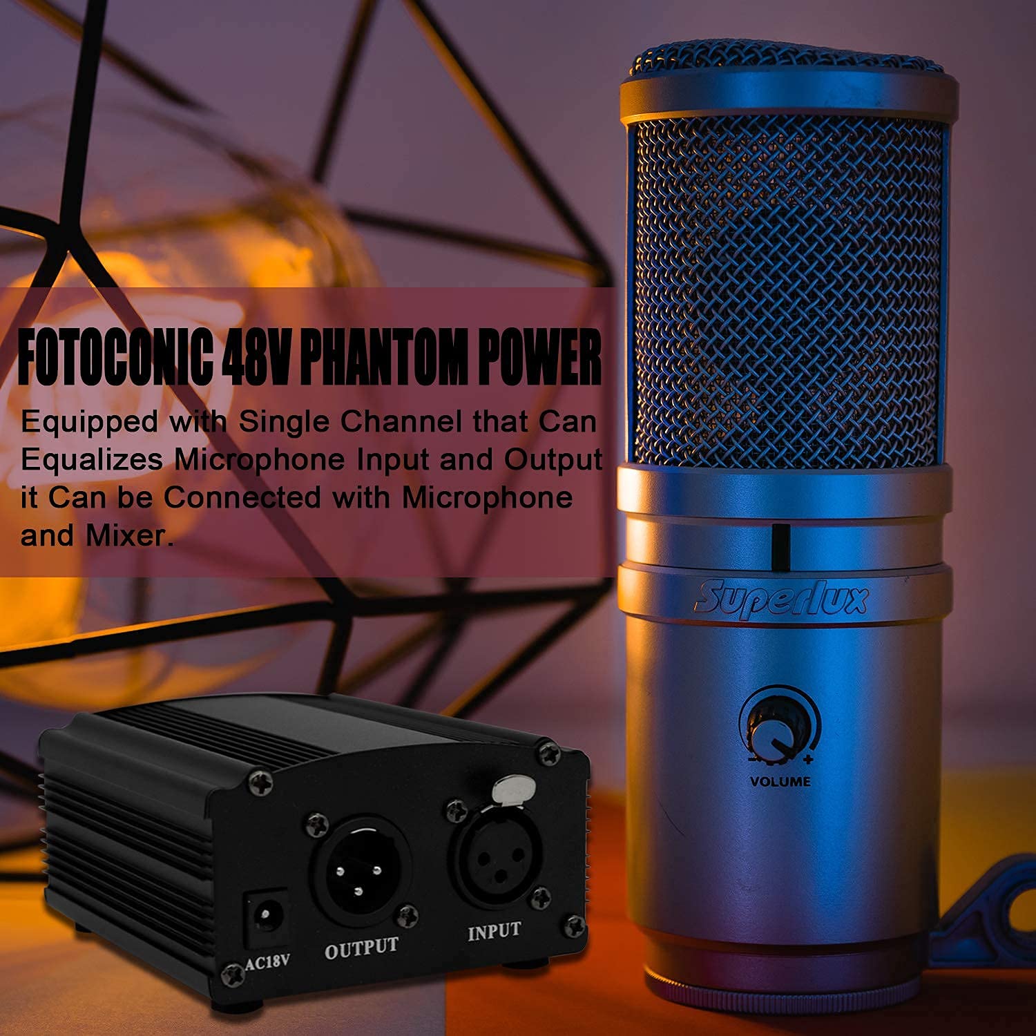 Fotoconic 1-Channel 48V Phantom Power Supply with Adapter, Bonus+XLR 3 Pin Microphone Cable for Any Condenser Microphone Music Recording Equipment