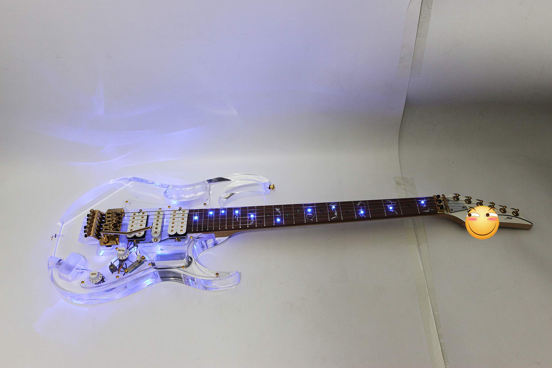 LED Light Electric guitar Crystal Guitar Body Maple Rosewood Vine Inlay Blue Color