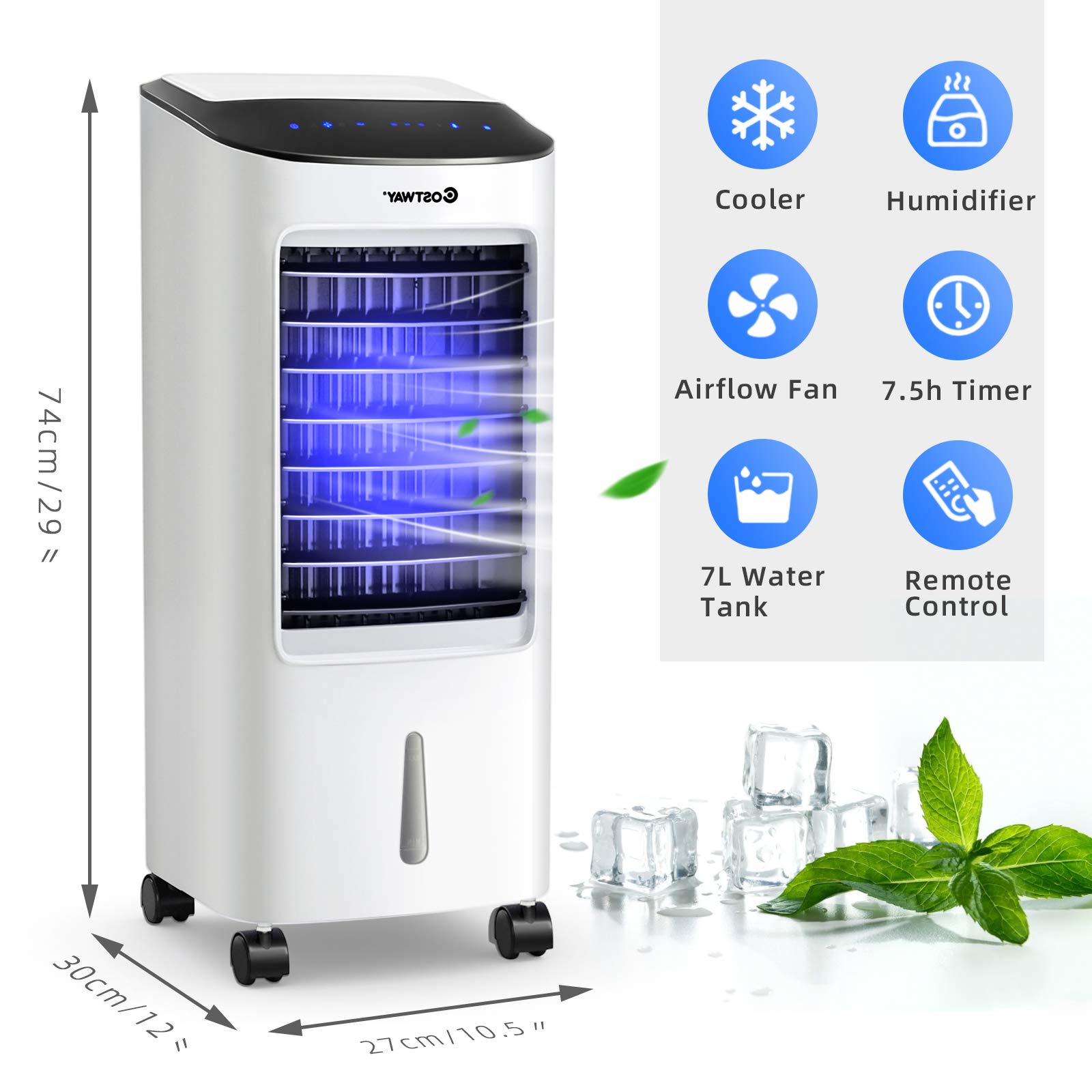 COSTWAY Evaporative Cooler, Portable Cooling Fan with Remote Control, 3-Mode, 3-Speed and 7.5H Timer Function, Include Ice Crystal Boxes, Casters and Water Tank, Bladeless Cooler for Home Office