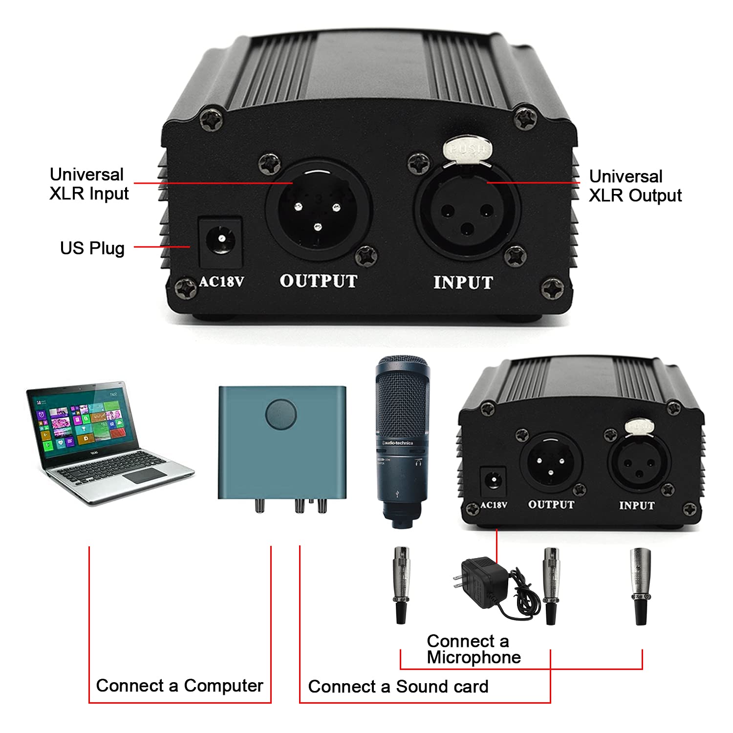 Fotoconic 1-Channel 48V Phantom Power Supply with Adapter, Bonus+XLR 3 Pin Microphone Cable for Any Condenser Microphone Music Recording Equipment