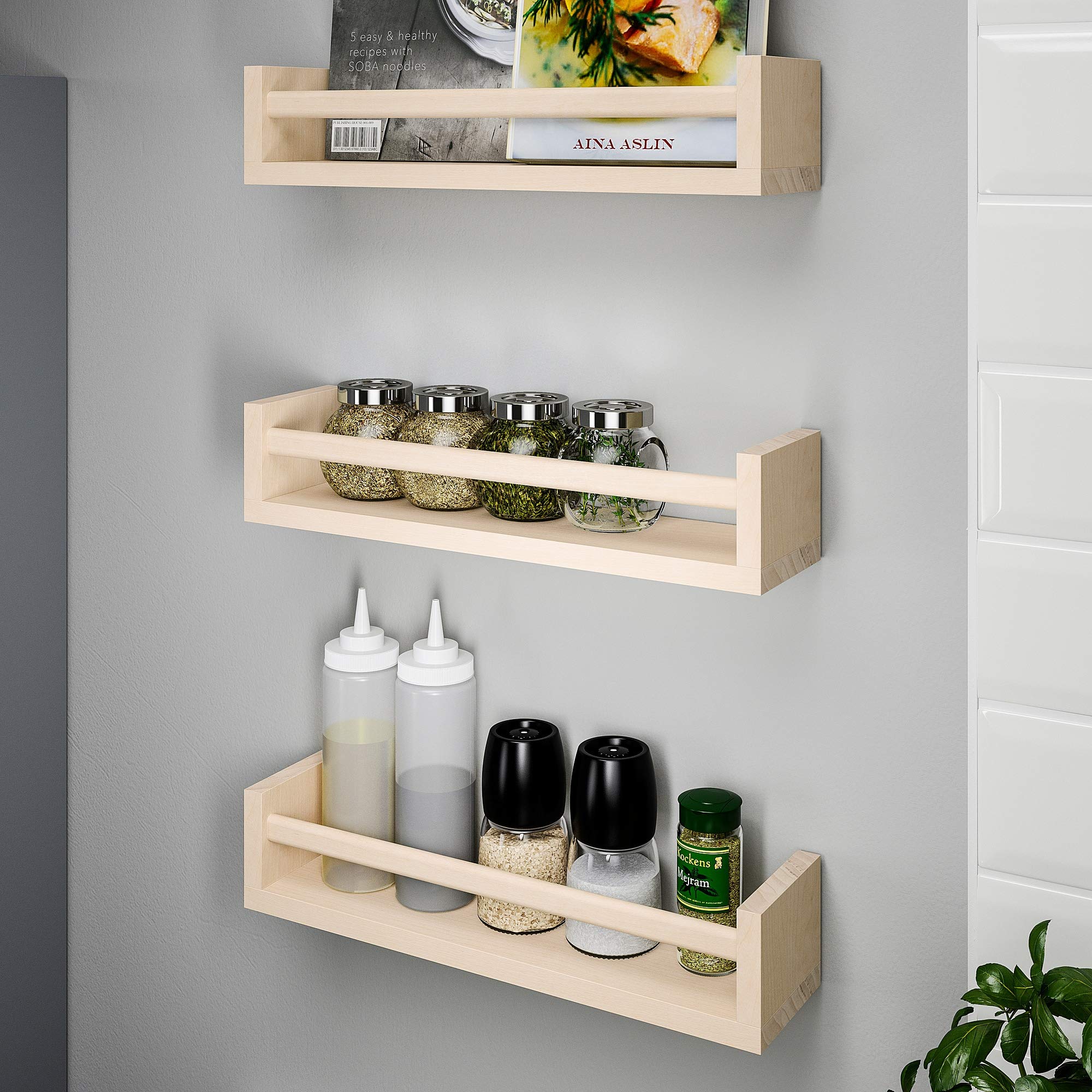 Wooden Spice Rack Organizer Kitchen Cabinet or Wall Mount Space Saving Set of 3 Hanging Spice 15,75 Inches Racks Floating Shelves