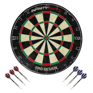 infinity darts bristle dartboard set - includes 6 metal tip darts set, self-healing sisal fiber dart board, rotating steel wire scoring ring, staple free bullseye, for home game room or bar darts