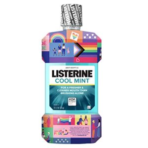 listerine cool mint antiseptic mouthwash to kill 99% of germs that cause bad breath, plaque and gingivitis, cool mint flavor, special care with pride packaging, 1 l