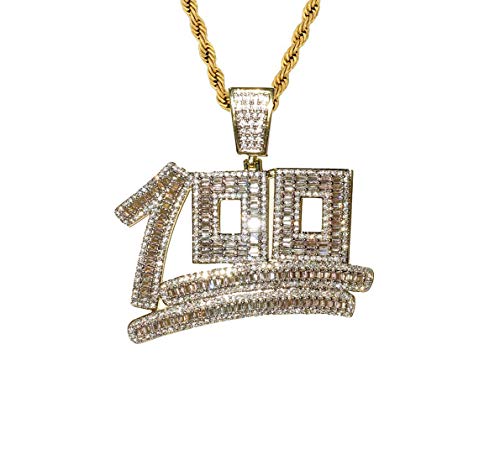 100 PERCENT EMOJI Money Custom Pendant Iced Out Diamond cz Necklace Men Women 925 Italy Gold Finish Iced Silver Charm Ice Out Pendant Stainless Steel Real 3 mm Rope Chain, Rope Necklace (20)