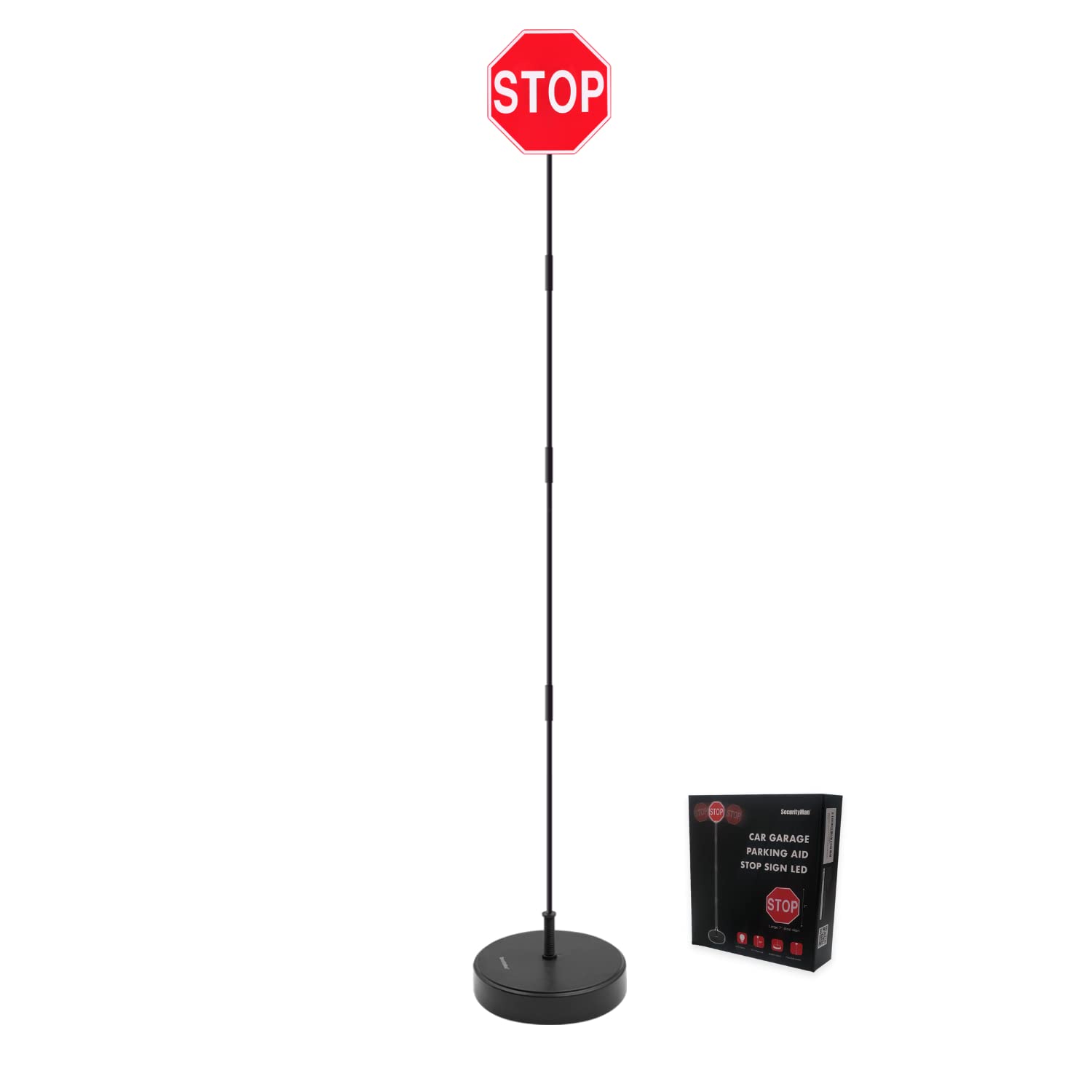 SECURITYMAN LED Stop Sign for Garage Parking Assist [Upgraded Base] - Large 7" Sign, Bright Red LEDs, Adjustable Height - Garage Car Stop Indicator That Lights Up