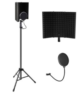 recording microphone stand isolation shield with heavy tripod stand, professional recording studio podcast equipment kit with pop filter & 3/8 to 5/8 adapter for blue yeti and other condenser mic