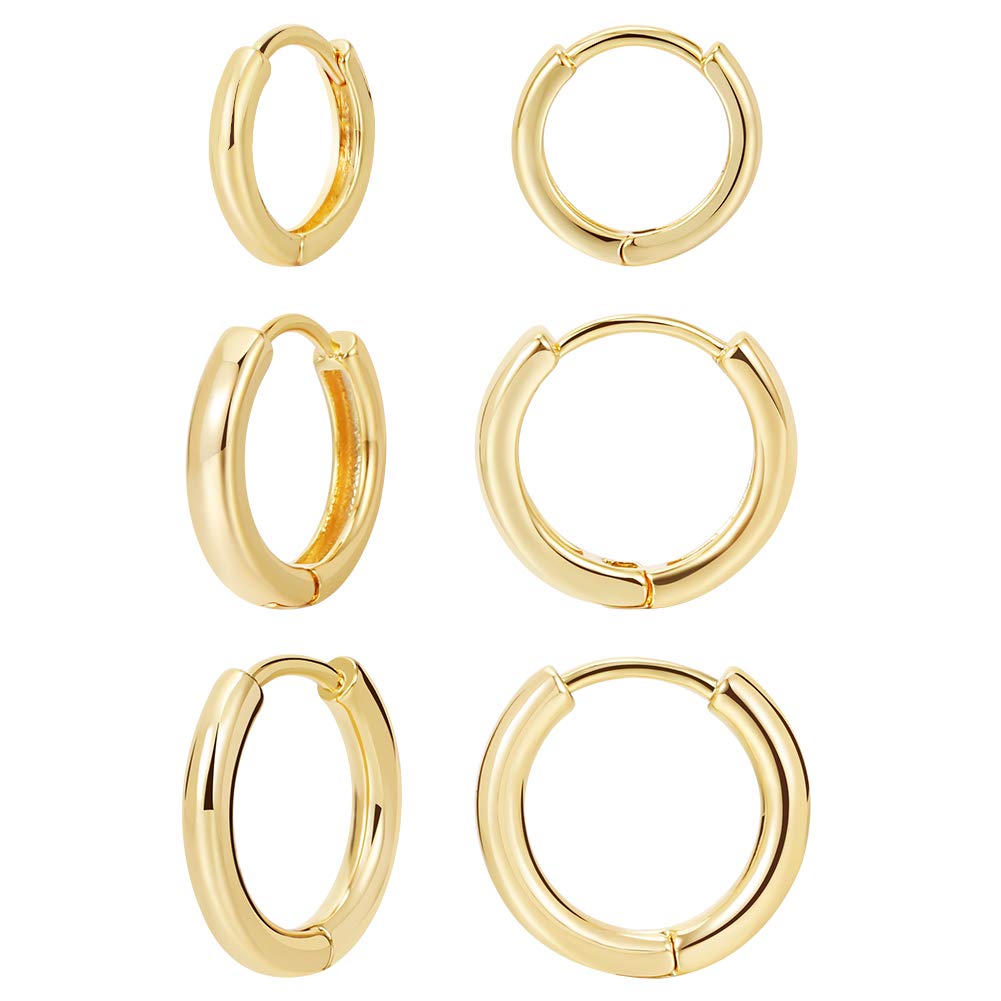 3 pairs 14K Gold Plated Huggie Hoop Earrings, Minimalist Gold, Simple 3 sizes Earrings for Women Men gift