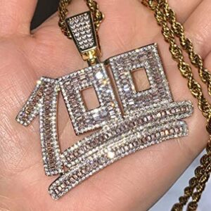 100 PERCENT EMOJI Money Custom Pendant Iced Out Diamond cz Necklace Men Women 925 Italy Gold Finish Iced Silver Charm Ice Out Pendant Stainless Steel Real 3 mm Rope Chain, Rope Necklace (20)