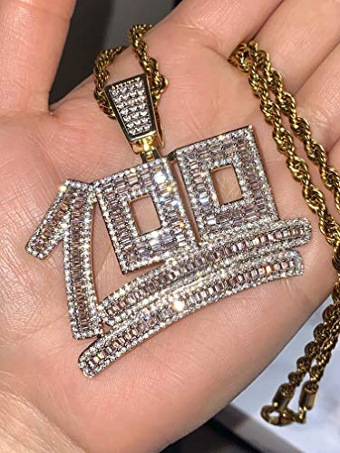 100 PERCENT EMOJI Money Custom Pendant Iced Out Diamond cz Necklace Men Women 925 Italy Gold Finish Iced Silver Charm Ice Out Pendant Stainless Steel Real 3 mm Rope Chain, Rope Necklace (20)