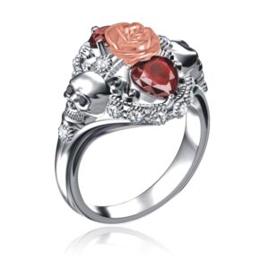 deelan gothic style skull ring for women red crystal heart vintage jewelry rose flower black gold plated rings (dlr170-pa, 9)