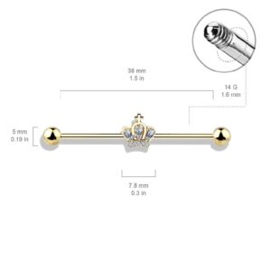 Pierced Owl 14GA Stainless Steel CZ Paved Crown with Cross Industrial Barbell (Gold Tone/Clear)