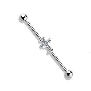 pierced owl 14ga stainless steel crystal paved horizontal cross industrial barbell (clear)