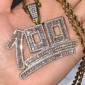 100 PERCENT EMOJI Money Custom Pendant Iced Out Diamond cz Necklace Men Women 925 Italy Gold Finish Iced Silver Charm Ice Out Pendant Stainless Steel Real 3 mm Rope Chain, Rope Necklace (20)