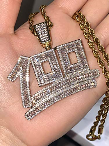 100 PERCENT EMOJI Money Custom Pendant Iced Out Diamond cz Necklace Men Women 925 Italy Gold Finish Iced Silver Charm Ice Out Pendant Stainless Steel Real 3 mm Rope Chain, Rope Necklace (20)