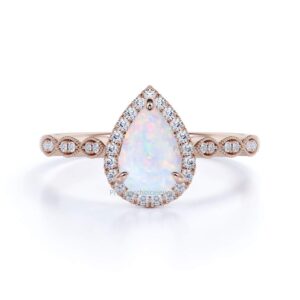 pb collection halo teardrop bridal created pear shaped white opal round cubic zirconia 925 sterling silver engagement ring 14k rose gold over 7