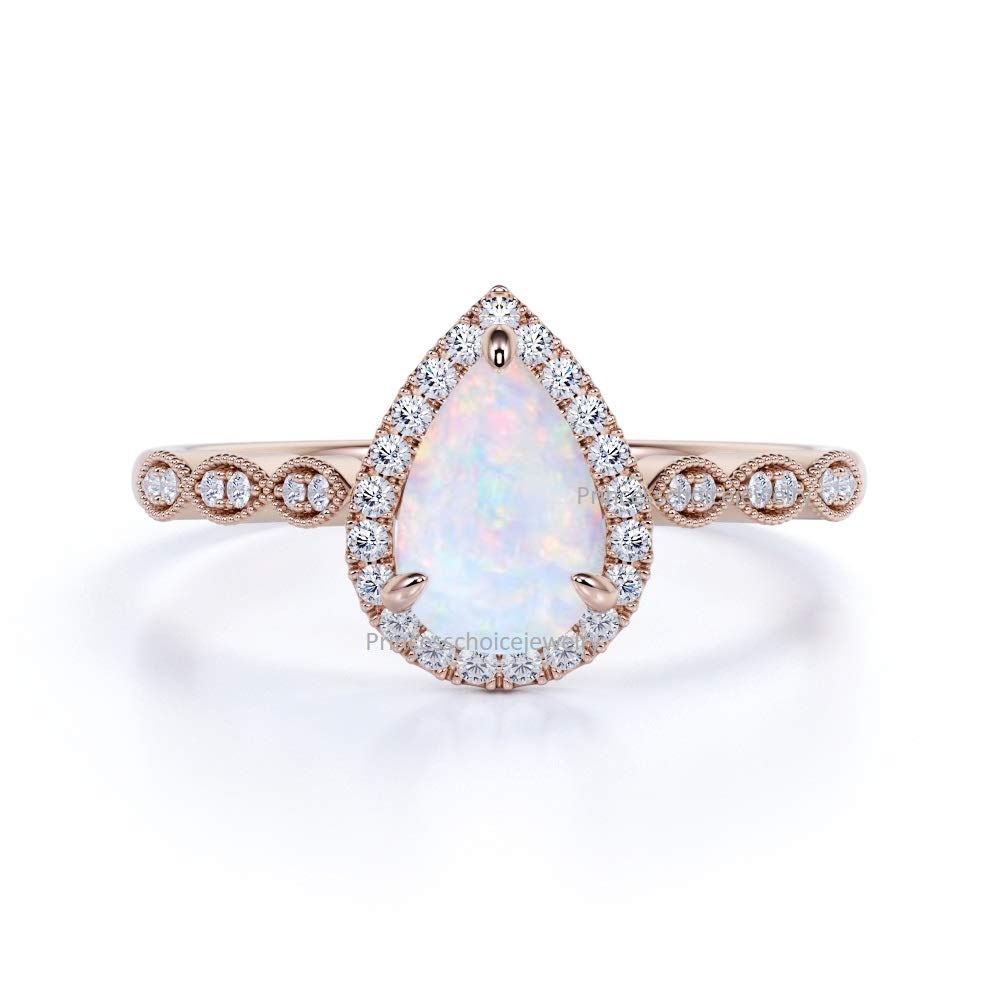 PB Collection Halo Teardrop Bridal Created Pear Shaped White Opal Round Cubic Zirconia 925 Sterling Silver Engagement Ring 14K Rose Gold Over 7