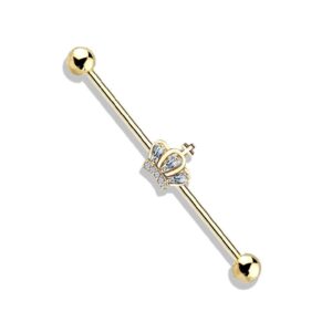 pierced owl 14ga stainless steel cz paved crown with cross industrial barbell (gold tone/clear)