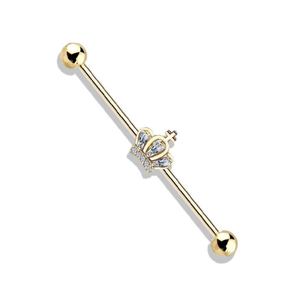 Pierced Owl 14GA Stainless Steel CZ Paved Crown with Cross Industrial Barbell (Gold Tone/Clear)