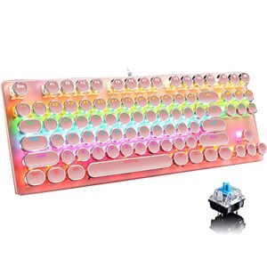 ltvystore mechanical gaming pink keyboard,87 key retro punk typewriter-style,blue switch rgb backlit keyboard,anti-ghosting, usb wired, for pc laptop desktop computer, for game and office