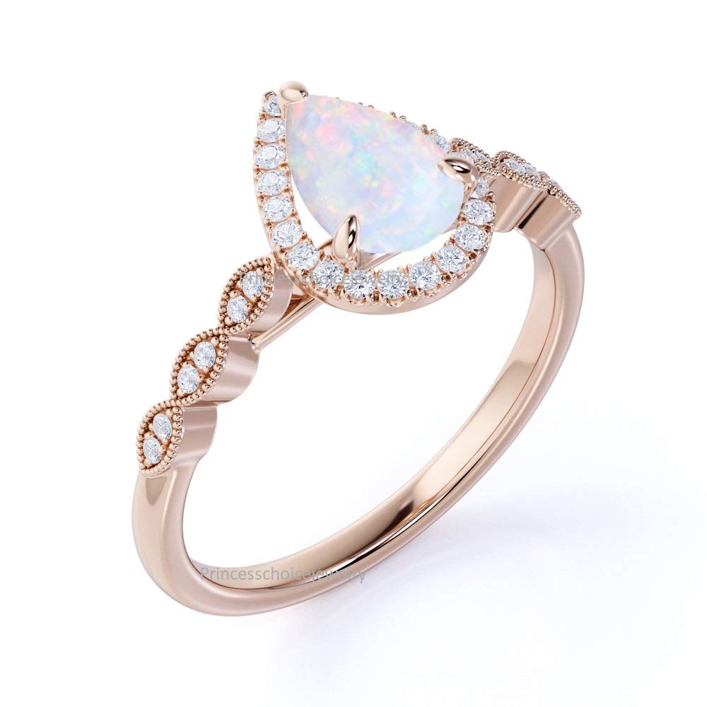 PB Collection Halo Teardrop Bridal Created Pear Shaped White Opal Round Cubic Zirconia 925 Sterling Silver Engagement Ring 14K Rose Gold Over 7