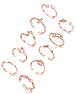 fxiqini 10pcs open rings knuckle rings star moon arrow knot wave feather bar retro toe ring stackable thumb knuckle finger adjustable rings for women men rose gold tone