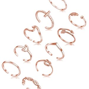 Fxiqini 10Pcs Open Rings Knuckle Rings Star Moon Arrow Knot Wave Feather Bar Retro Toe Ring Stackable Thumb Knuckle Finger Adjustable Rings for Women Men Rose Gold Tone