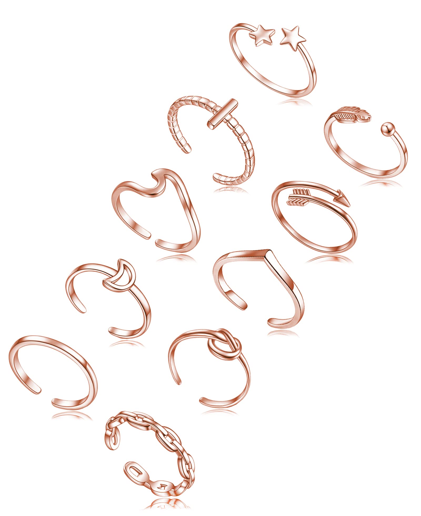 Fxiqini 10Pcs Open Rings Knuckle Rings Star Moon Arrow Knot Wave Feather Bar Retro Toe Ring Stackable Thumb Knuckle Finger Adjustable Rings for Women Men Rose Gold Tone