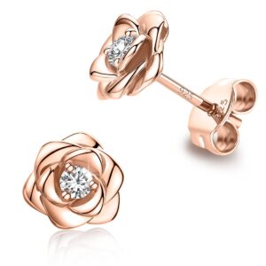 rose gold plated sterling silver rose flower earring studs, hypoallergenic & nickel free earrings for women