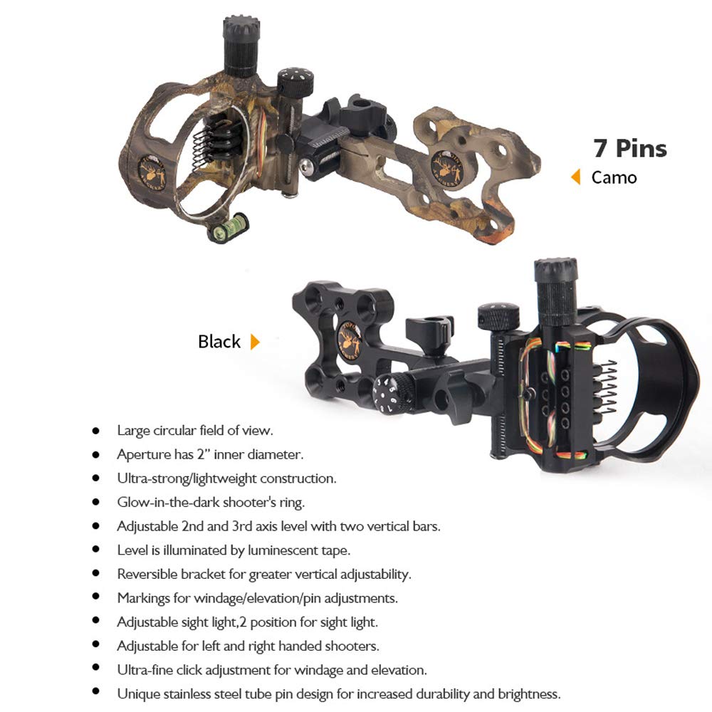 Archery 7 Pin Bow Sights 0.019 Optical Fiber Micro Adjust Tool Less Design for Compound Bows Archery Hunting (Camo)