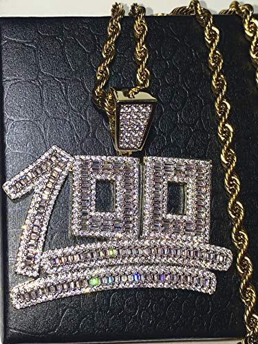 100 PERCENT EMOJI Money Custom Pendant Iced Out Diamond cz Necklace Men Women 925 Italy Gold Finish Iced Silver Charm Ice Out Pendant Stainless Steel Real 3 mm Rope Chain, Rope Necklace (20)