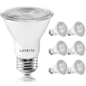 luxrite 6 pack par20 led bulbs, 50w equivalent, 2700k warm white, dimmable led spotlight bulb, indoor outdoor, 7w, 500 lumens, wet rated, e26 standard base, ul listed