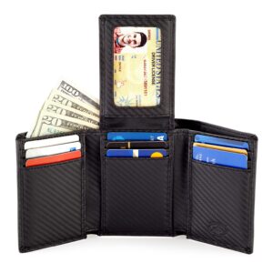 Stealth Mode Trifold Wallet - RFID Blocking Wallet with Flip ID Holder - Leather Case for Money, Credit Cards - Mens Organizer, Divided Billfold, Identity Protection - Men's Gifts (Carbon Fiber)