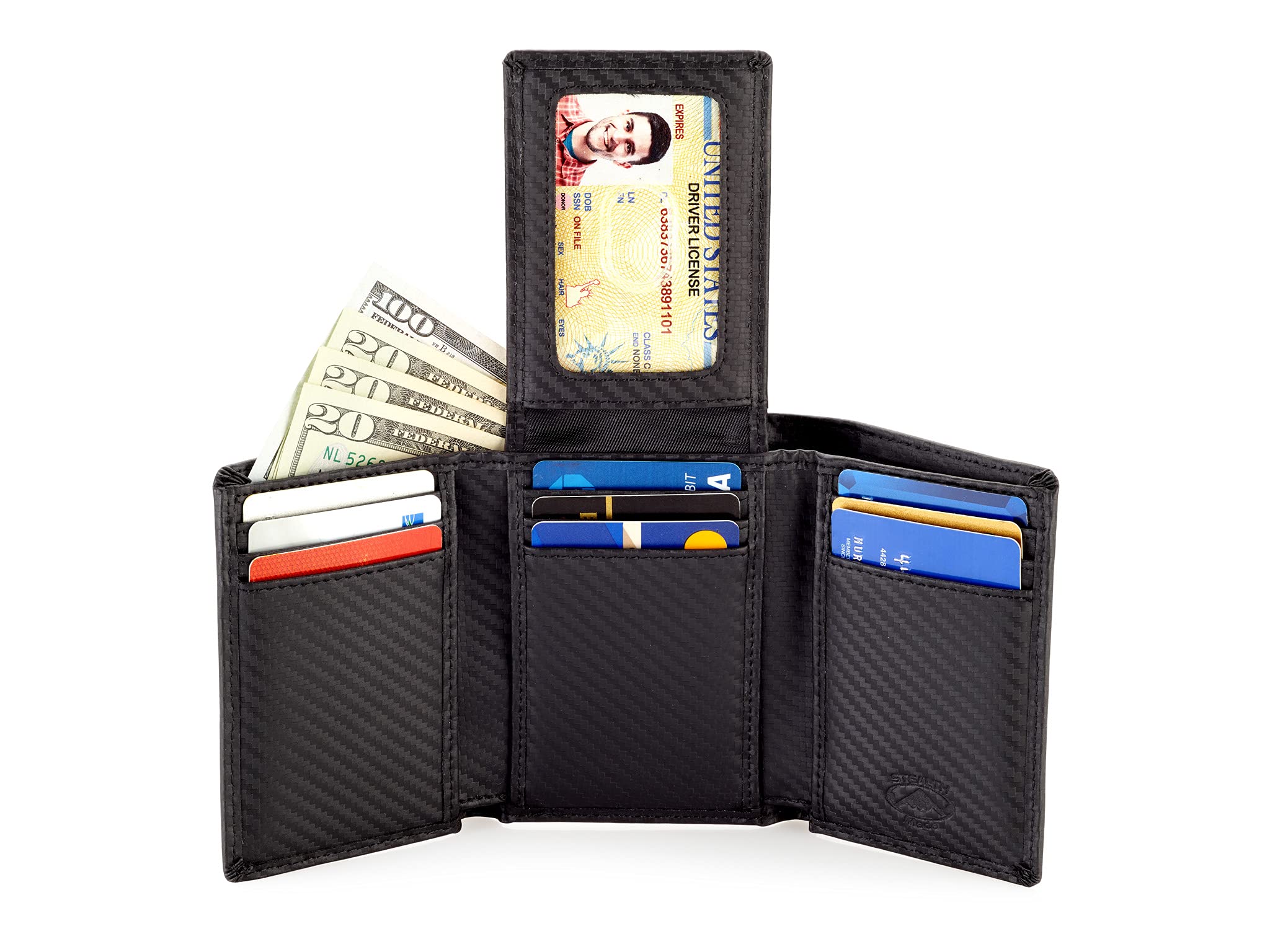 Stealth Mode Trifold Wallet - RFID Blocking Wallet with Flip ID Holder - Leather Case for Money, Credit Cards - Mens Organizer, Divided Billfold, Identity Protection - Men's Gifts (Carbon Fiber)