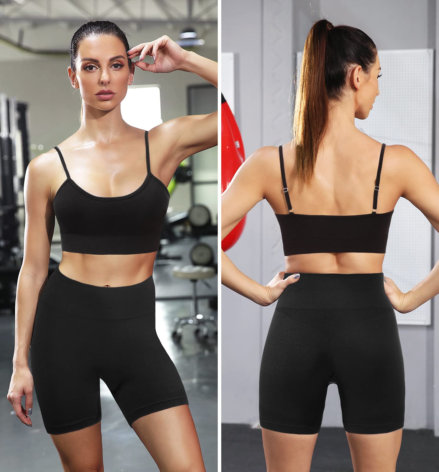 Ourgifts Workout Sets for Women 2 Piece Outfits Gym Shorts Women High Waisted with Adjustable Padded Sports Bra Gym Sets（A0010M-Black