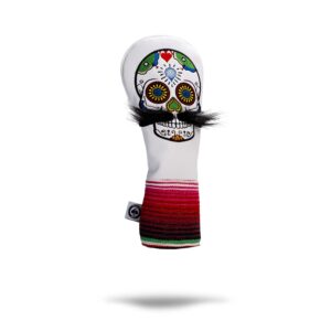 pins & aces le sugar skull mustache fairway wood head cover - premium, hand-made leather 3w or 5w headcover - funny, tour quality golf club cover - style and customize your golf bag white