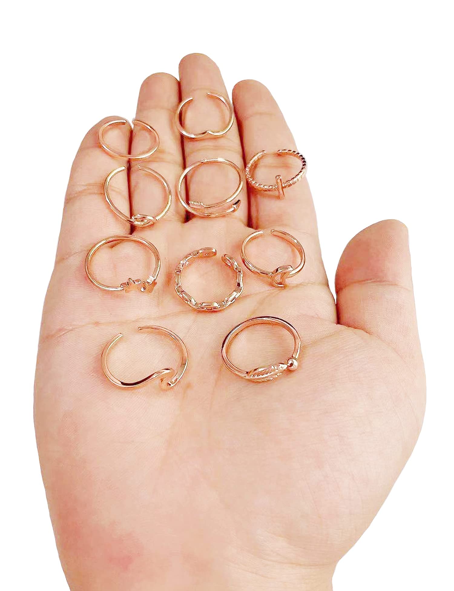 Fxiqini 10Pcs Open Rings Knuckle Rings Star Moon Arrow Knot Wave Feather Bar Retro Toe Ring Stackable Thumb Knuckle Finger Adjustable Rings for Women Men Rose Gold Tone