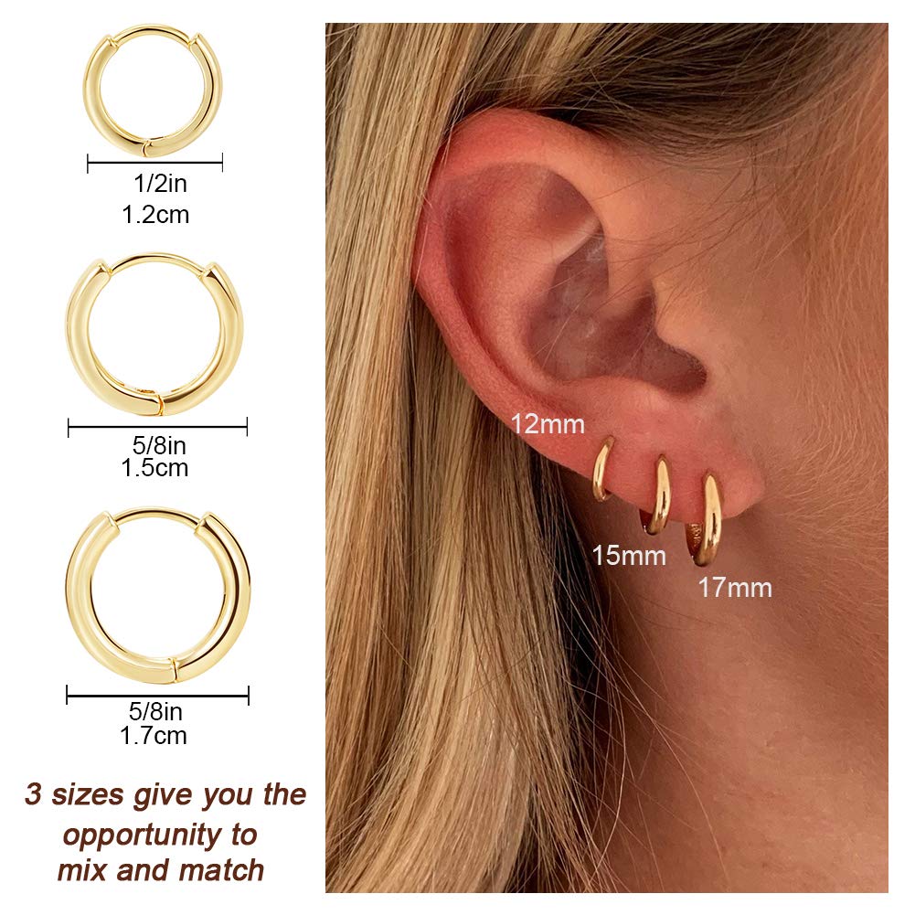 3 pairs 14K Gold Plated Huggie Hoop Earrings, Minimalist Gold, Simple 3 sizes Earrings for Women Men gift