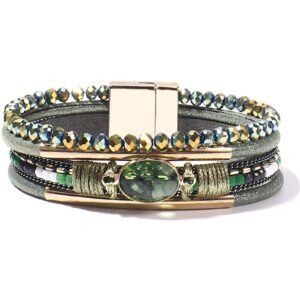 fancy shiny leather wrap bracelets crystal beads bracelet boho cuff stone charm bracelets with clasp costume jewelry for women(dark green)