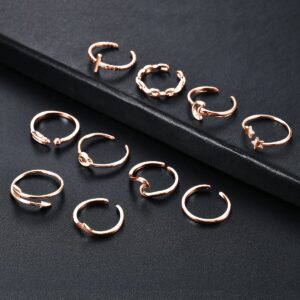 Fxiqini 10Pcs Open Rings Knuckle Rings Star Moon Arrow Knot Wave Feather Bar Retro Toe Ring Stackable Thumb Knuckle Finger Adjustable Rings for Women Men Rose Gold Tone