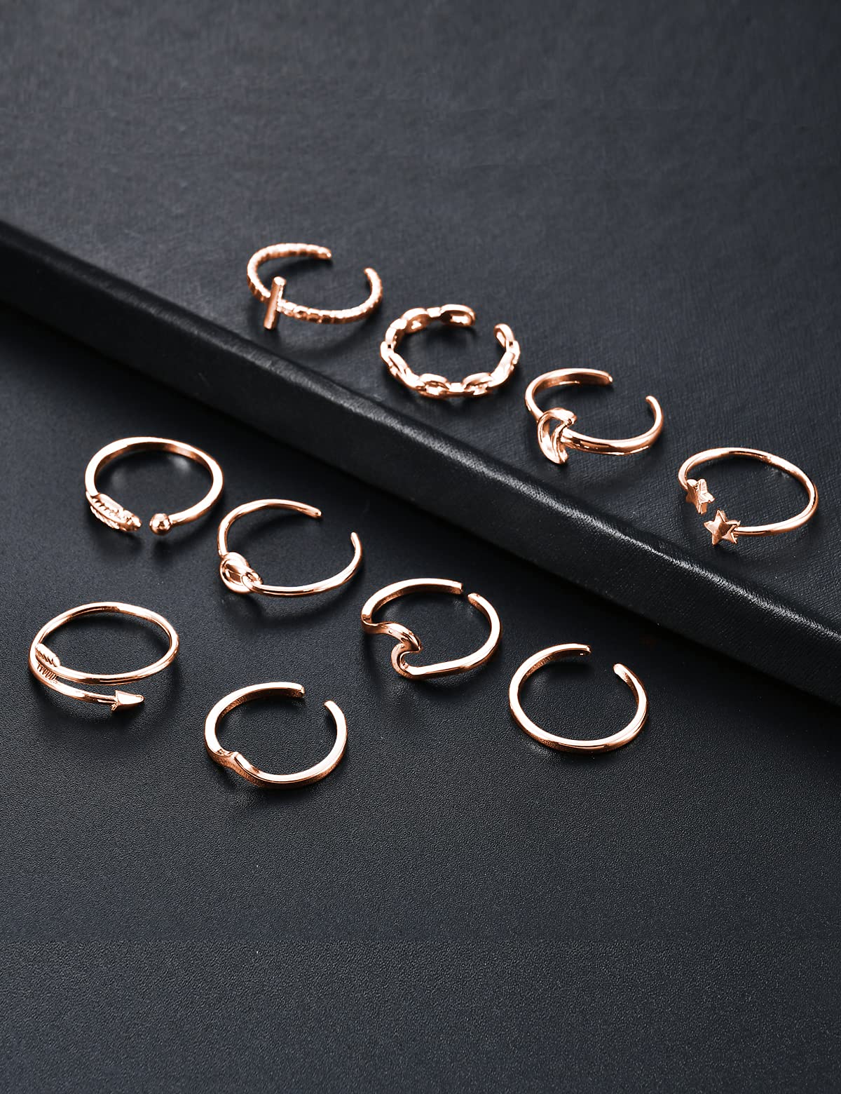 Fxiqini 10Pcs Open Rings Knuckle Rings Star Moon Arrow Knot Wave Feather Bar Retro Toe Ring Stackable Thumb Knuckle Finger Adjustable Rings for Women Men Rose Gold Tone